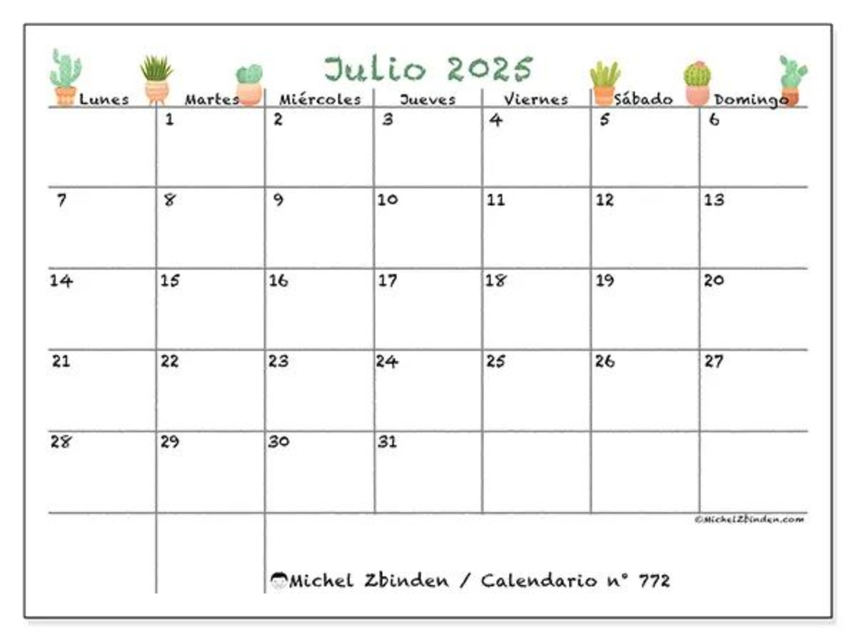 Calendario de julio 2025 para imprimir: 5 diseños diferentes - Serzen